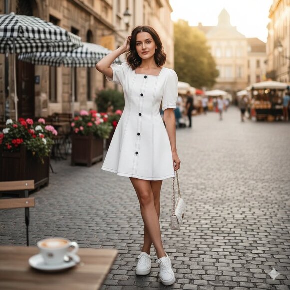 J.ING | Dresses | Jing White Mini Dress With Black Buttons | Poshmark